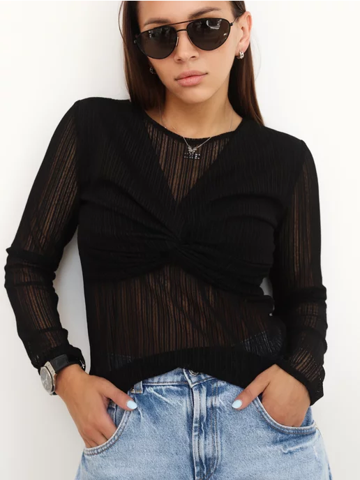 Лонгслив женский прозрачный сетка с драпировкай обтягивающий Sportsolo